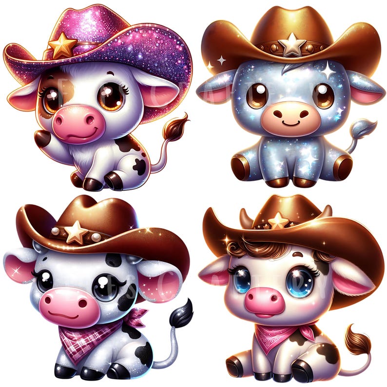 Shiny Cowboy Cow Clipart Bundle 15 PNG High Quality Cartoon Cute Baby ...