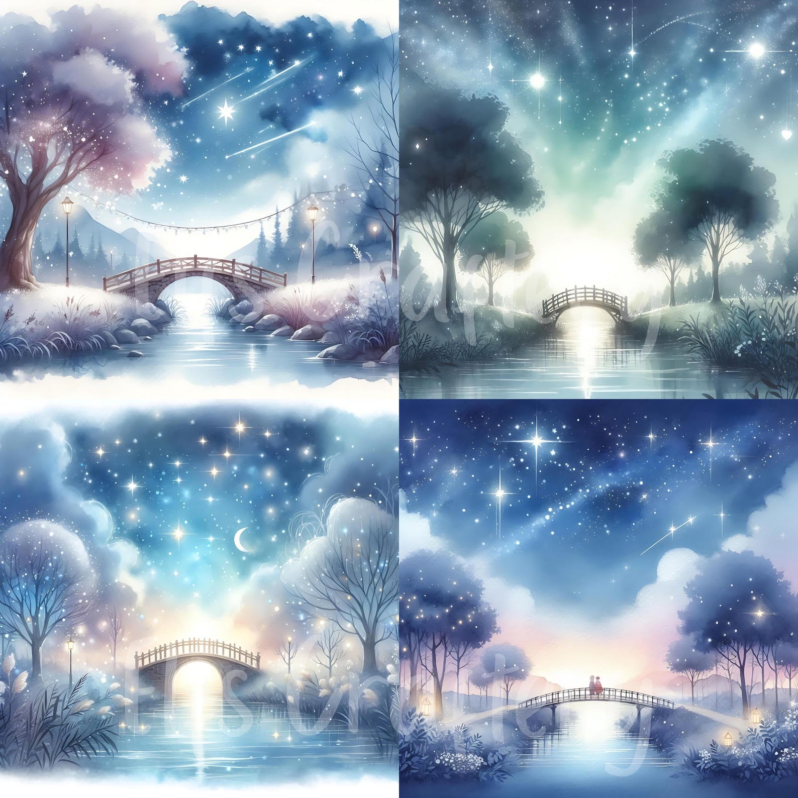 15 JPG Starry Night Bridge Digital Art Bundle Watercolor Painting Style ...