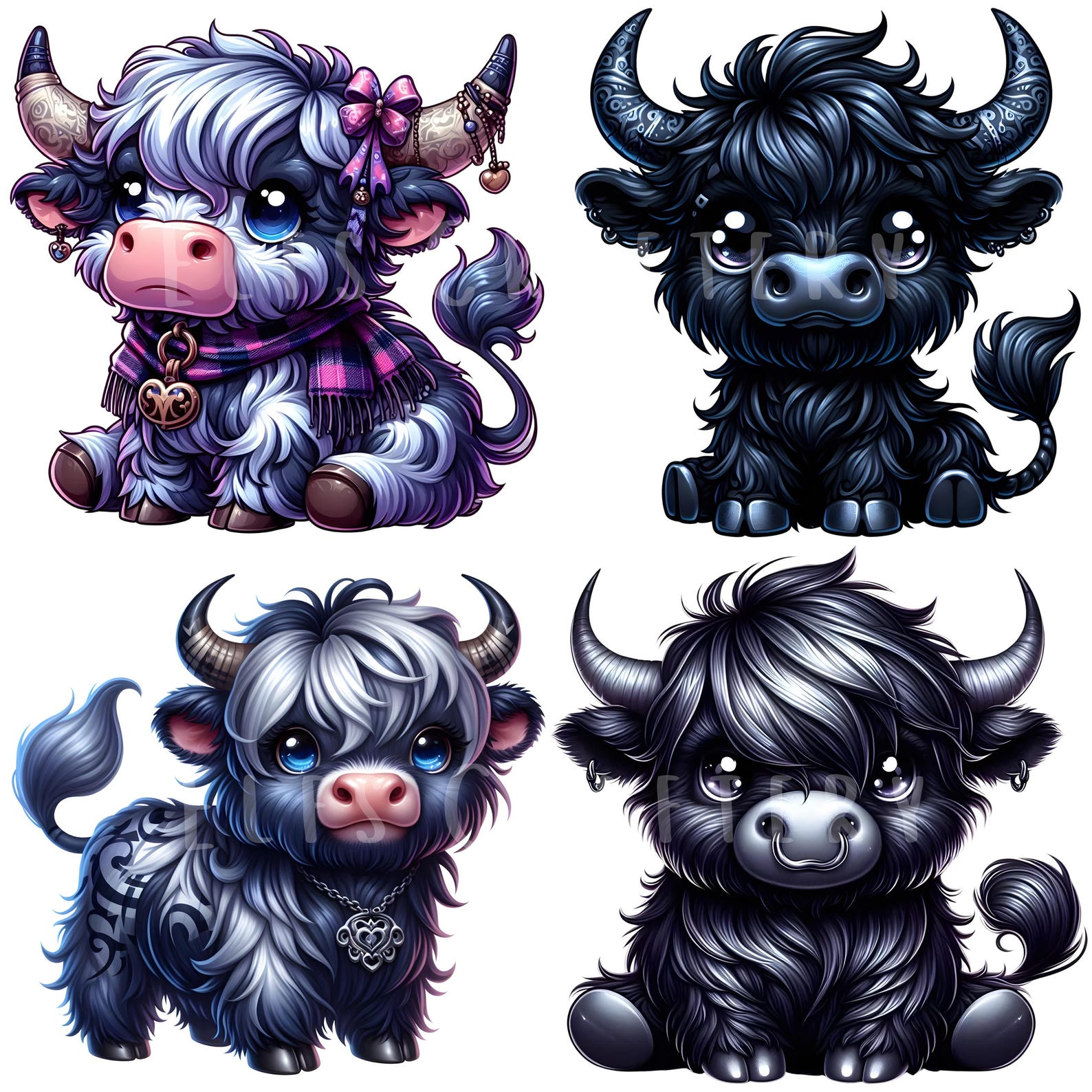 Gothic Highland Cow Clipart Bundle 15 PNG Spooky Cute Goth Long Hair ...