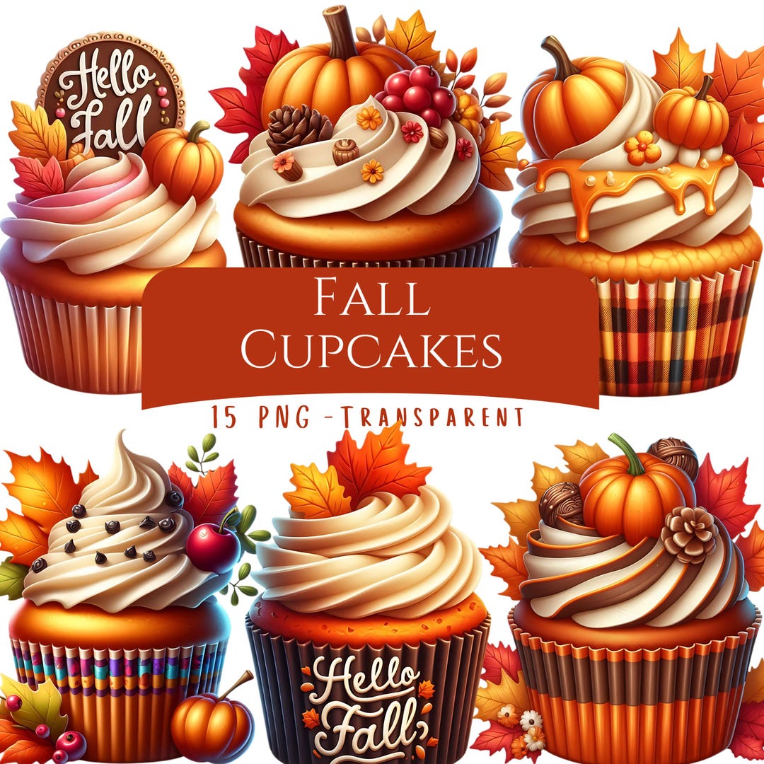 Fall Cupcakes Clipart Bundle 15 PNG High Quality Cartoon Cute Autumn ...
