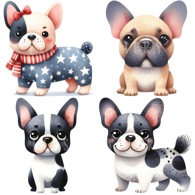 Little Frenchie, 15 PNG Clipart Bundle, Watercolor French Bulldog ...