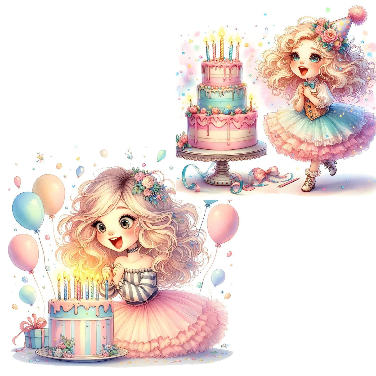15 JPG Quirky Pastel Birthday Girl Clipart Bundle Cute Watercolor ...