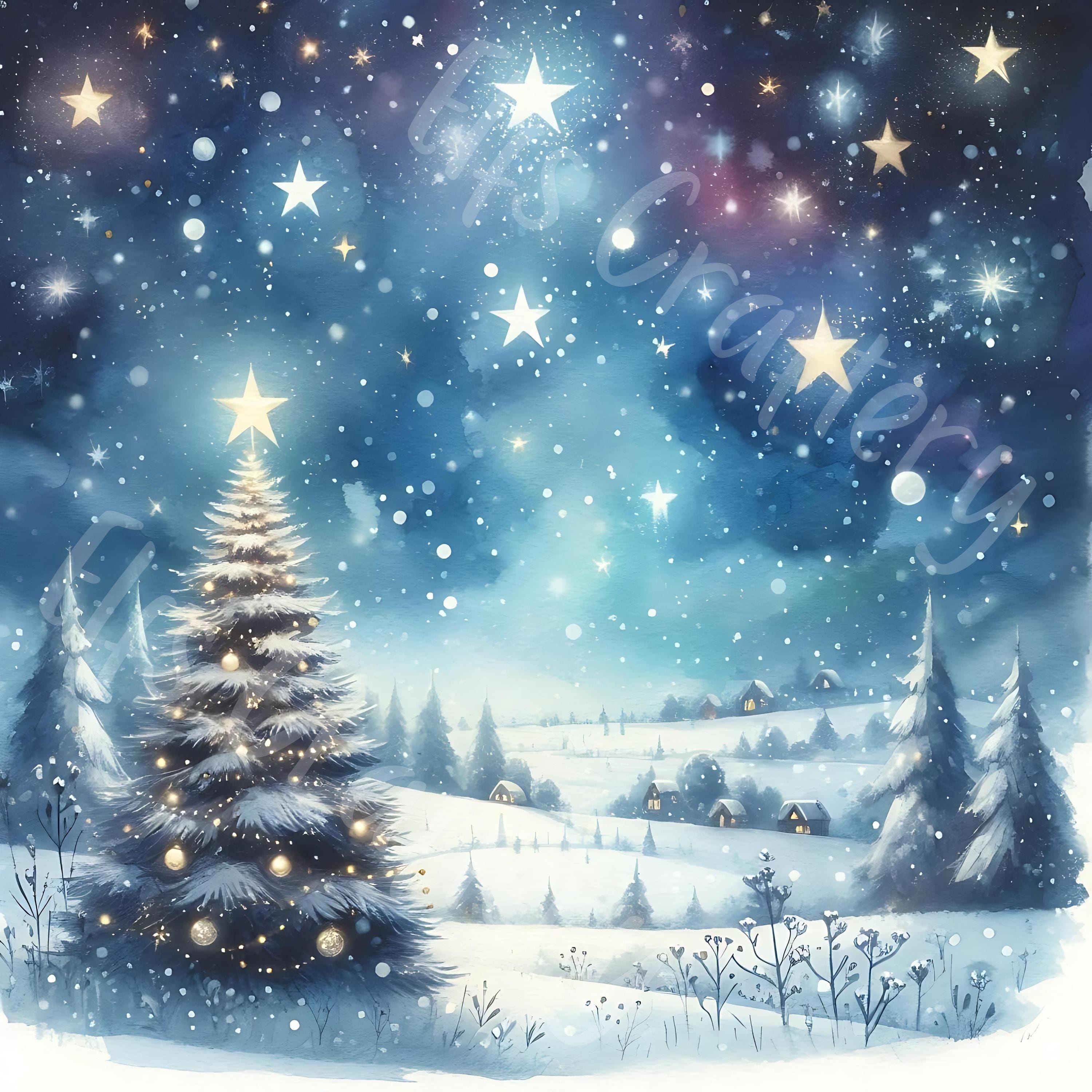 15 JPG Starry Night White Christmas Digital Art Bundle Watercolor ...