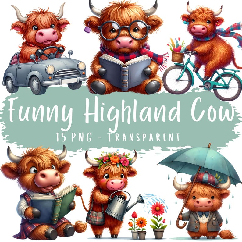 Funny Highland Cow Clipart Bundle 15 PNG Watercolor Cute Quirky Long ...