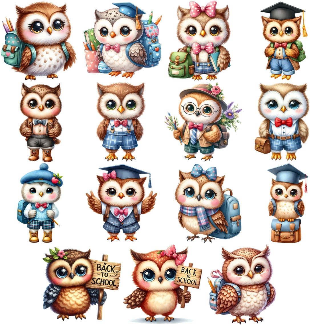 Back to School Owl Clipart Bundle 15 PNG High Quality Watercolor ...