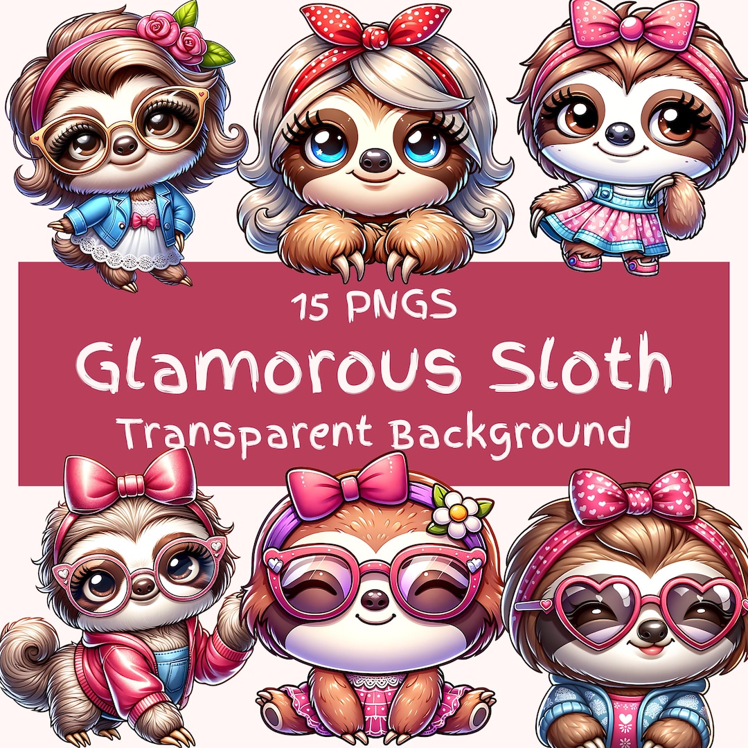 Glamorous Sloth Clipart Bundle 15 PNG High Quality Cartoon Sloth ...