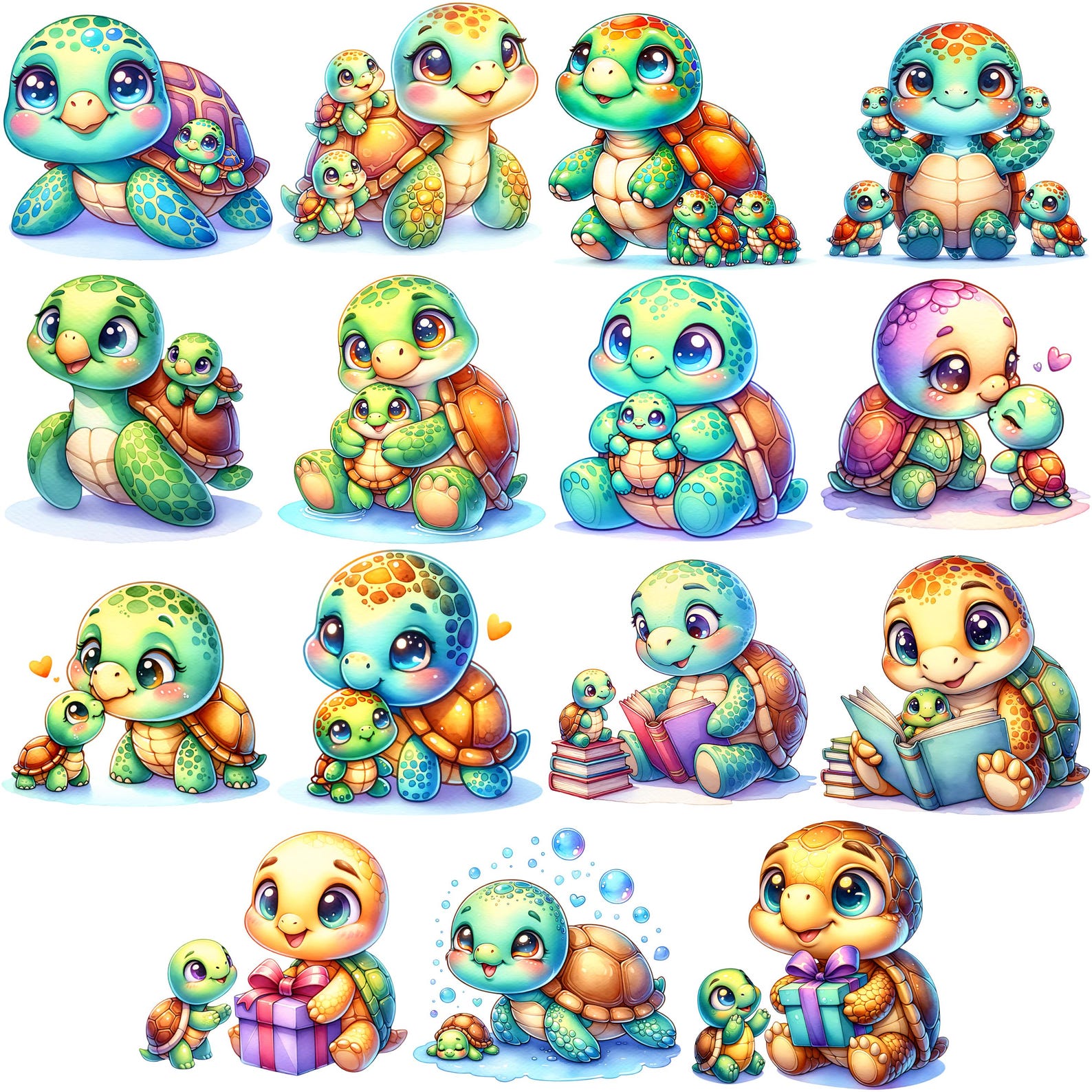 Mama Turtle Clipart Bundle 15 PNG Cute Watercolor Baby Turtle Digital ...