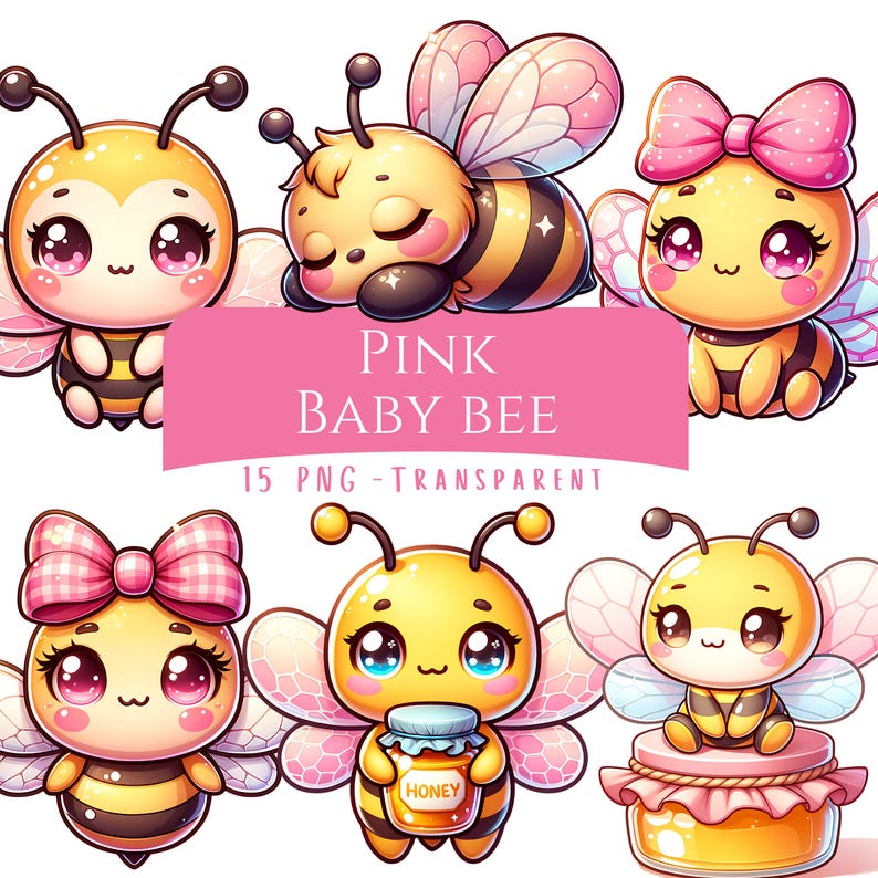 Pink Baby Bee Clipart Bundle 15 PNG High Quality Cartoon Soft Pink ...