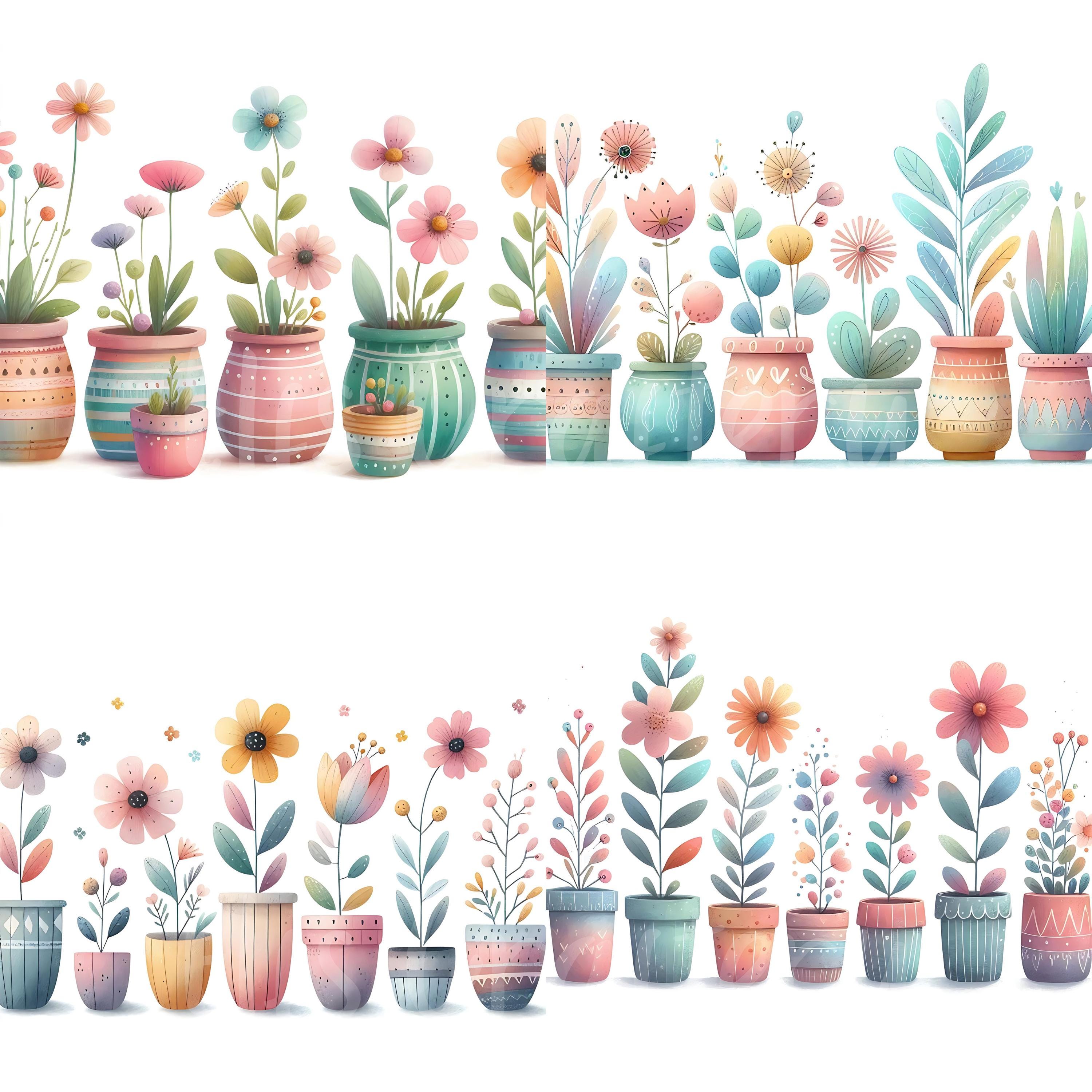 15 JPG Pastel Flower Pots Digital Art Bundle Beautiful Whimsical ...