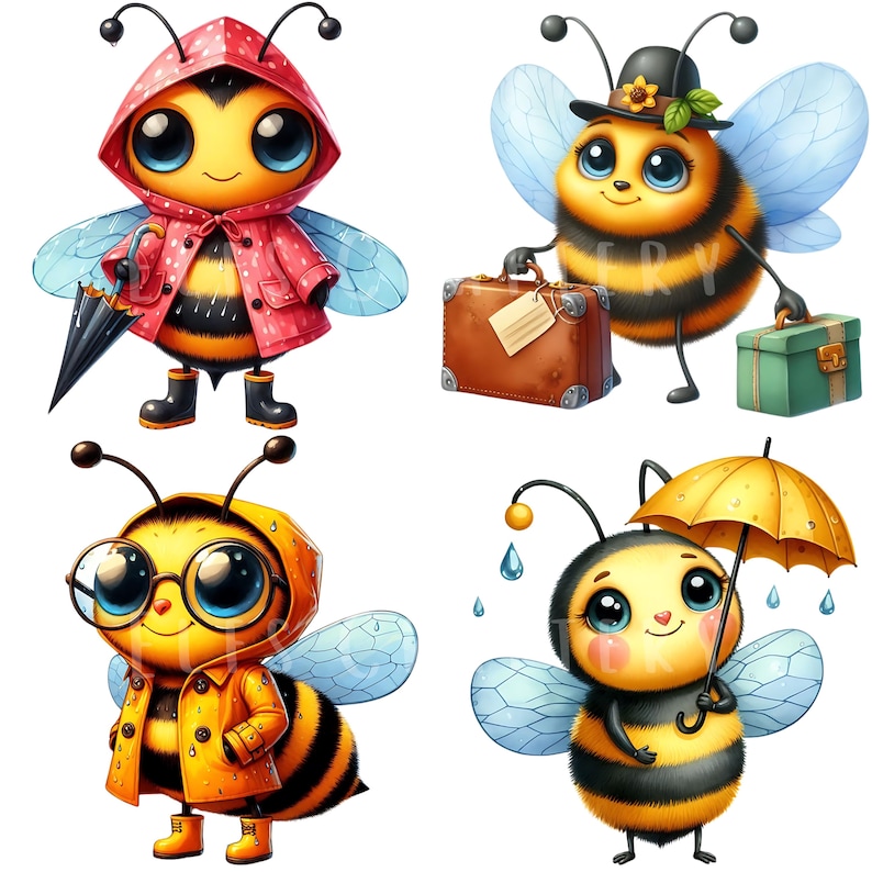 Funny Bee Clipart Bundle 15 PNG Watercolor Cute Quirky Honey Bee ...
