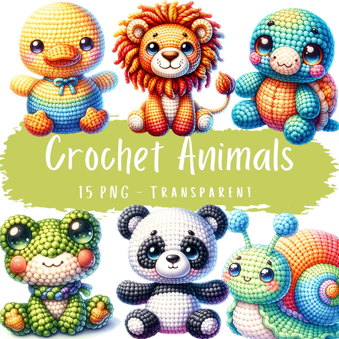 Crochet Animals Clipart Bundle 15 PNG Digital Art Files Cute Kawaii ...