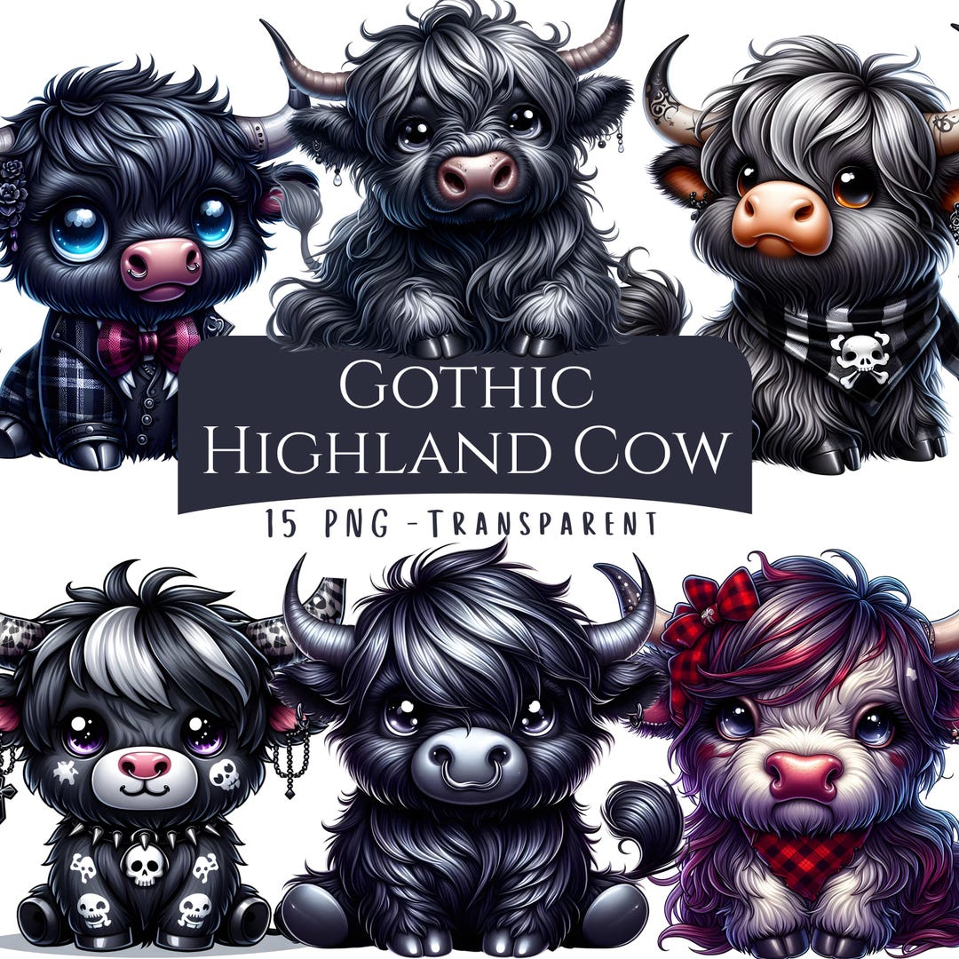 Gothic Highland Cow Clipart Bundle 15 PNG Spooky Cute Goth Long Hair ...