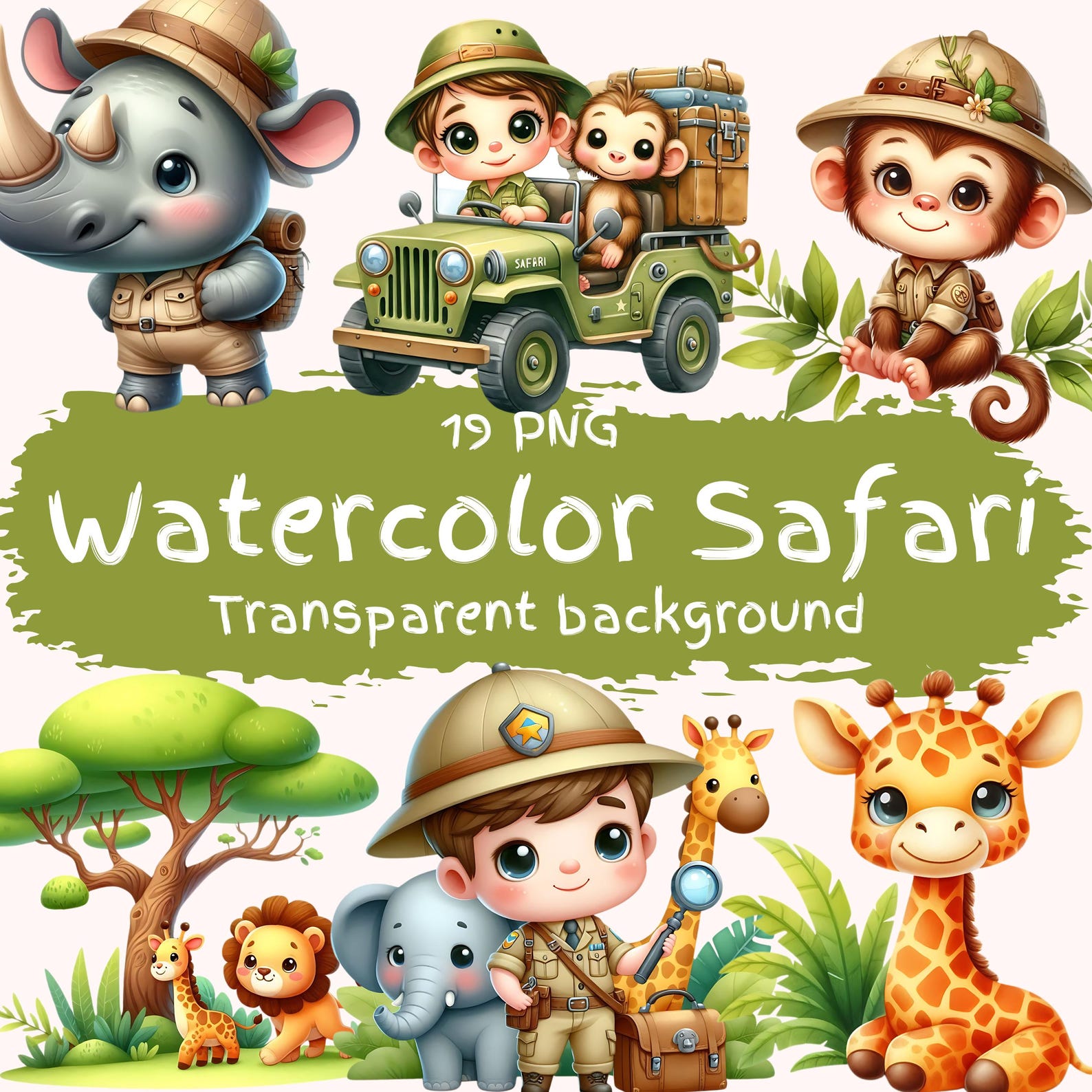 Watercolor Safari Clipart Bundle 19 PNG High Quality Cartoon Watercolor ...