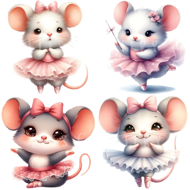 Ballerina Mouse Clipart Bundle 15 PNG High Quality Watercolor Cute Pink ...