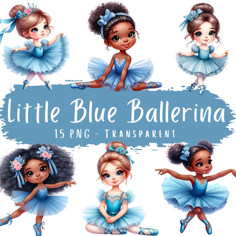 Little Blue Ballerina Clipart Bundle 15 PNG High Quality Watercolor ...
