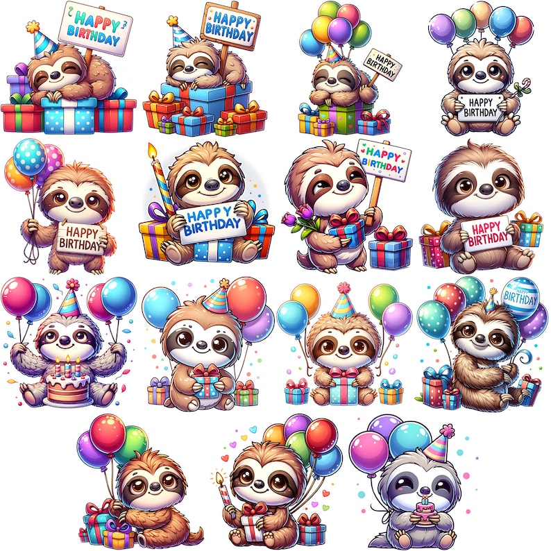 Birthday Sloth Clipart Bundle 15 PNG Cute Birthday Animal Digital Art ...