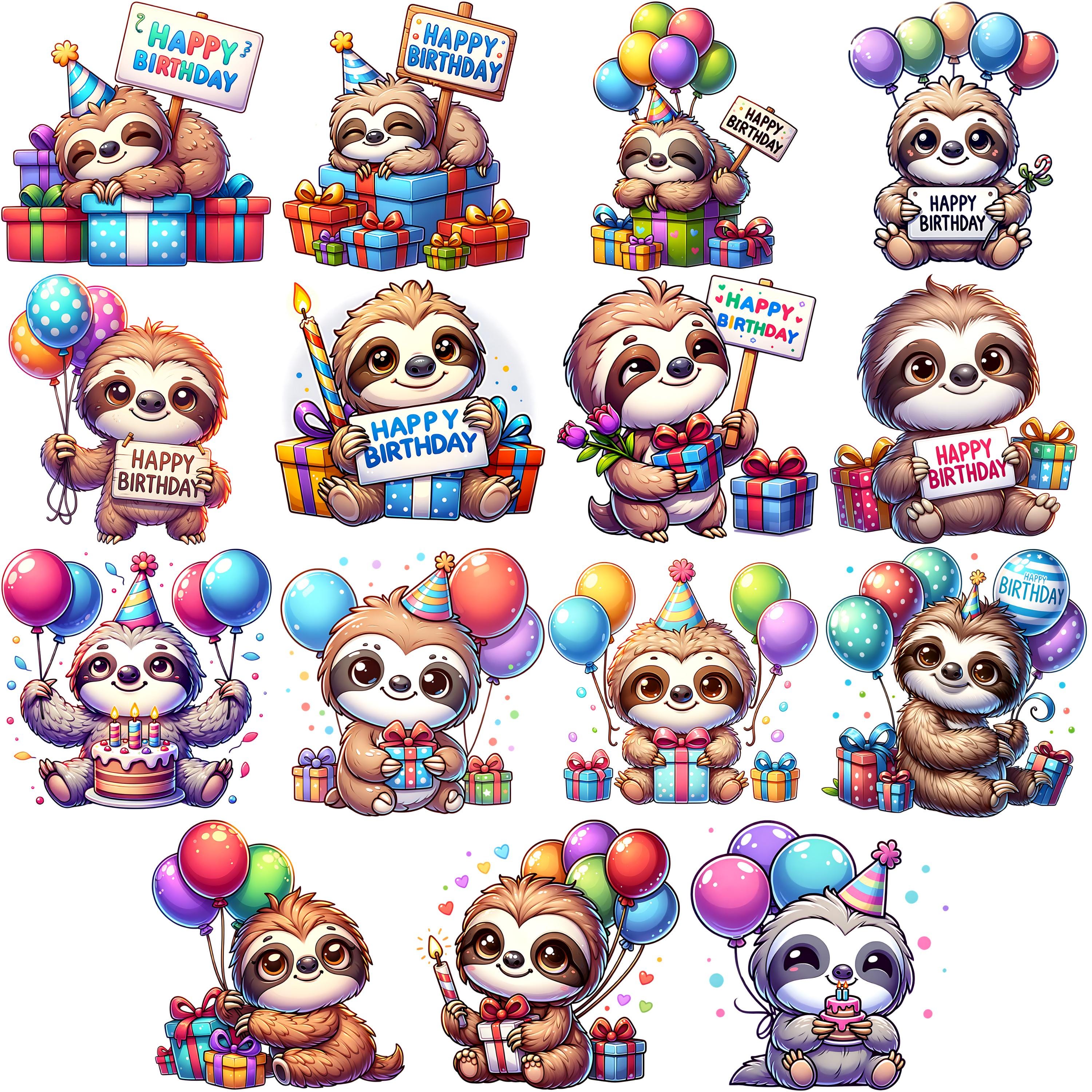 Birthday Sloth Clipart Bundle 15 PNG Cute Birthday Animal Digital Art ...