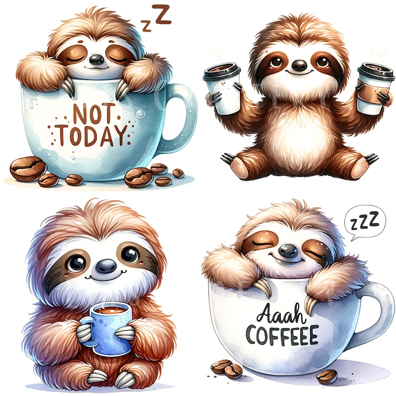 Coffee Sloth Clipart Bundle 12 PNG High Quality Digital Files ...