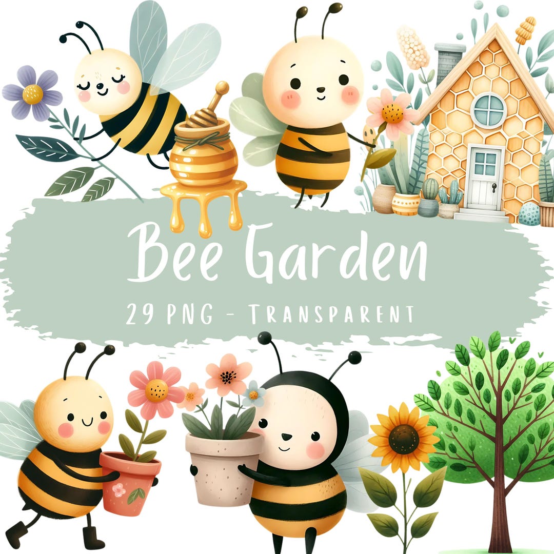 Bee Garden Clipart Bundle 29 PNG High Quality Watercolor Cute Bumble ...