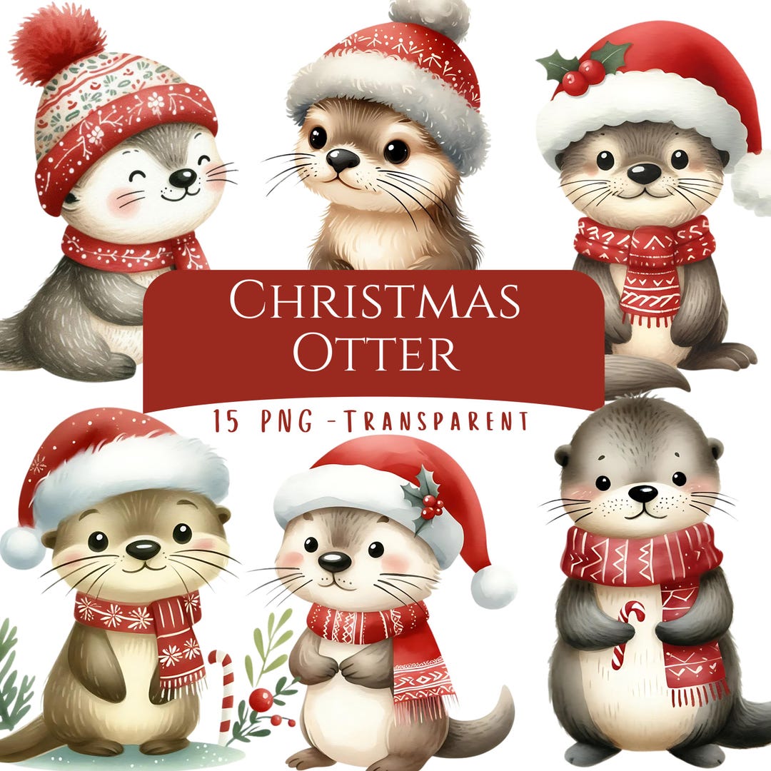 Christmas Otter Clipart Bundle 15 PNG High Quality Cute Watercolor ...