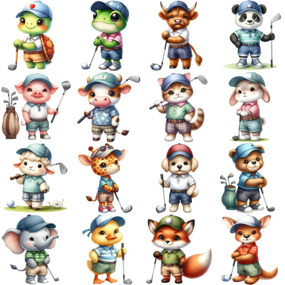 Golf Animals Clipart Bundle 18 PNG High Quality Watercolor Cute Animals ...