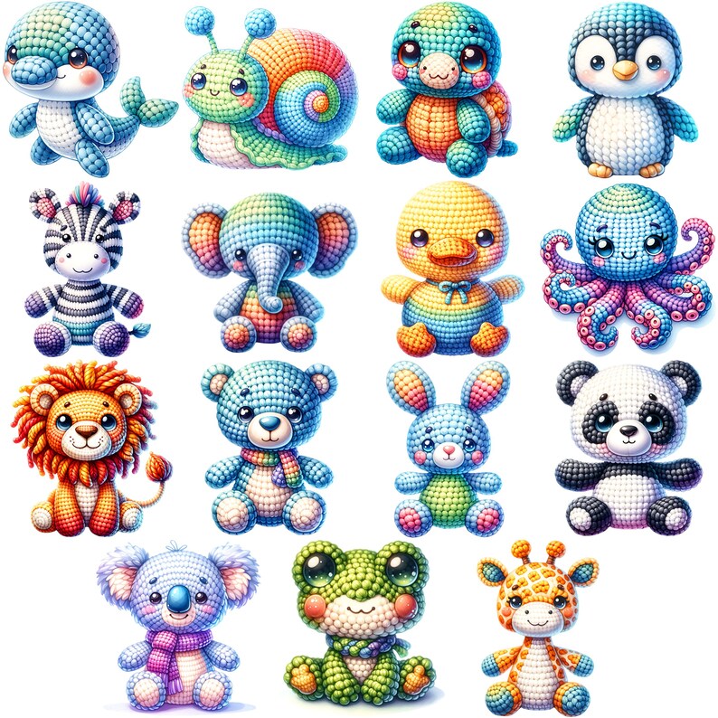 Crochet Animals Clipart Bundle 15 PNG Digital Art Files Cute Kawaii ...