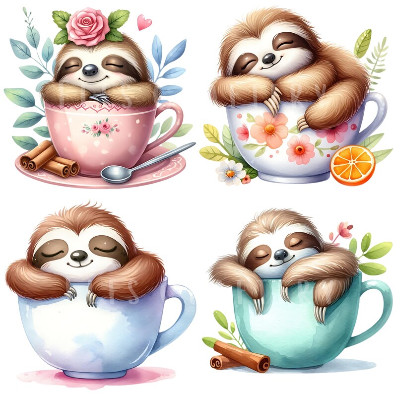 Teacup Sloth Clipart Bundle 18 PNG Cute Watercolor Floral Sloth Vintage ...