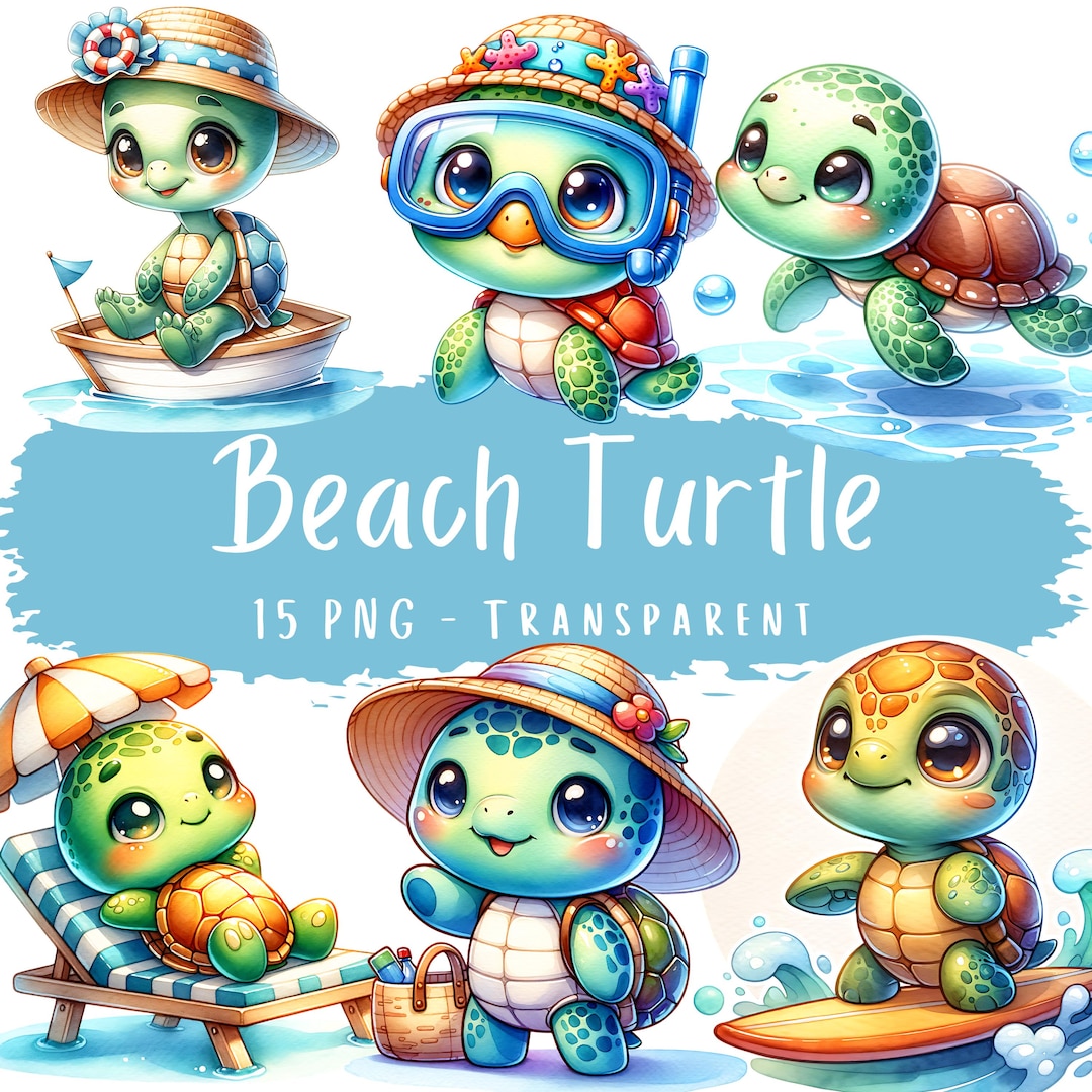 Beach Turtle Clipart Bundle 15 PNG Watercolor Sea Turtle Digital ...