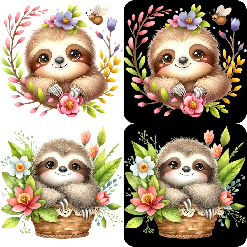 Spring Sloth Clipart Bundle 12 PNG High Quality Watercolor Floral Sloth ...