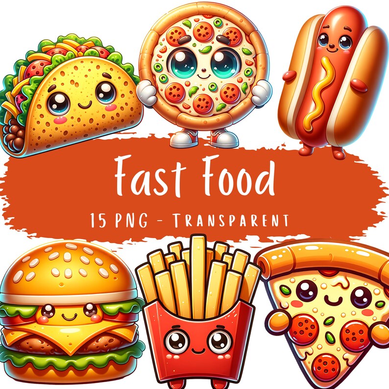 Fast Food Clipart Bundle 15 PNG Cute Food Clip Art Junk Food PNG Hot ...