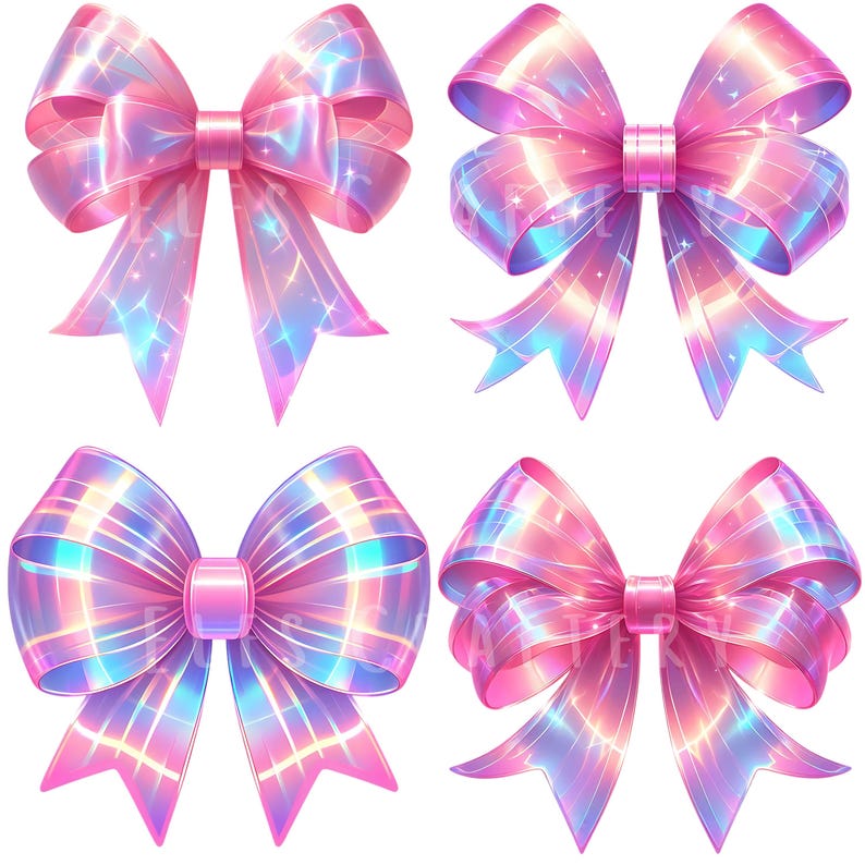 Pink Hologram Bow Clipart Bundle 15 PNG High Quality Pink Ribbon ...