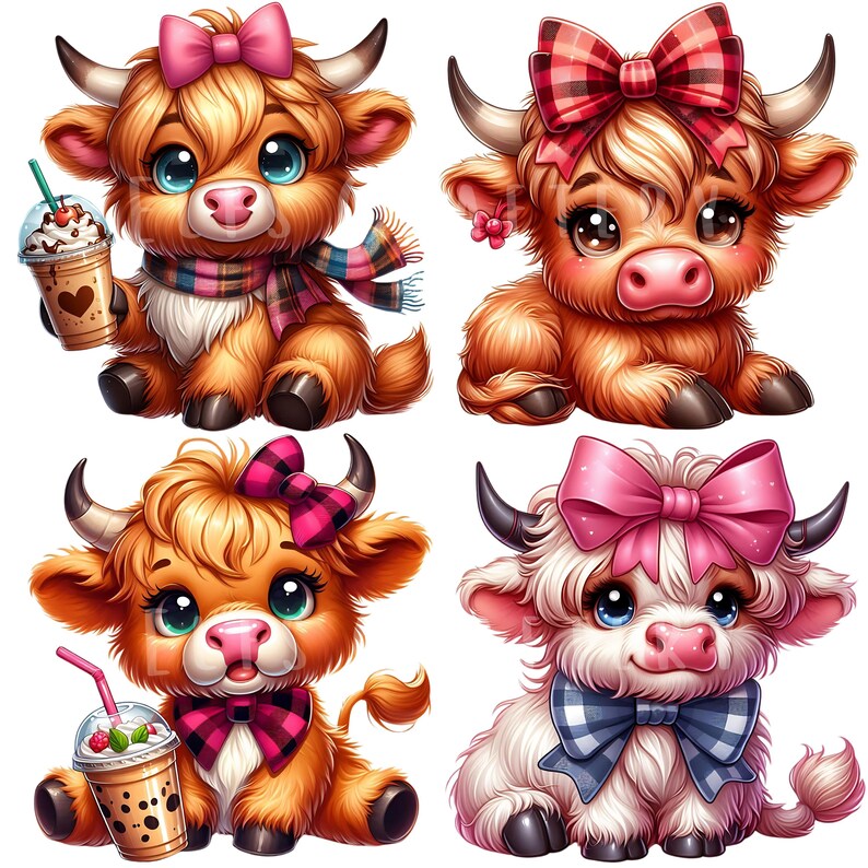 Girly Highland Cow Clipart Bundle 15 PNG High Quality Cartoon Cute Pink ...
