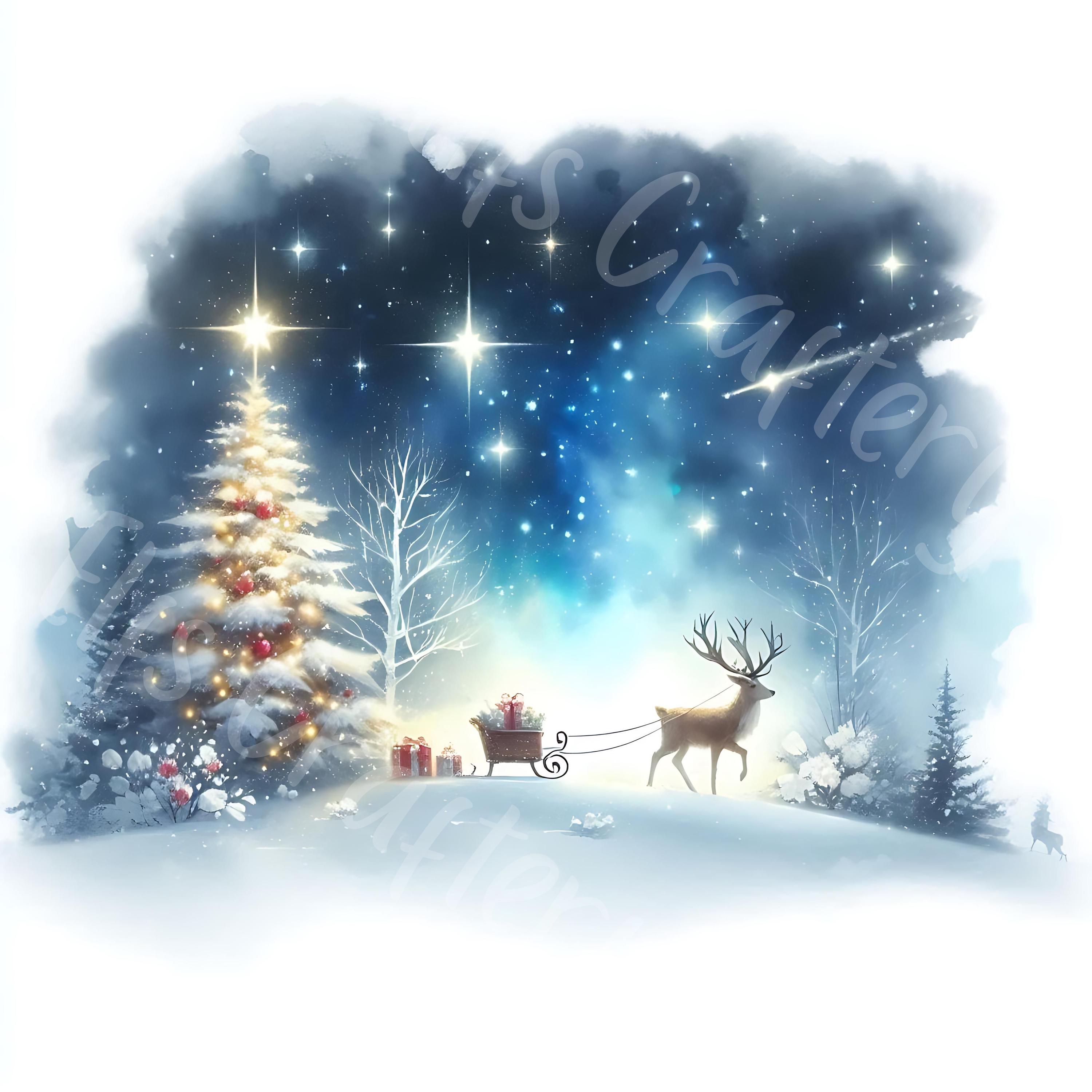15 JPG Starry Night White Christmas Digital Art Bundle Watercolor ...