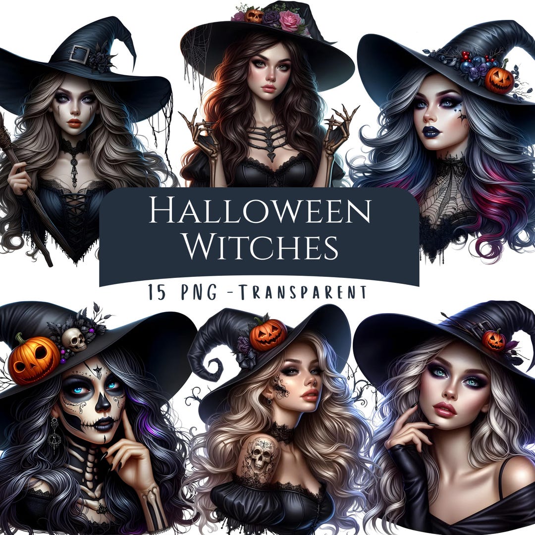 Halloween Witches Clipart Bundle 15 PNG High Quality Watercolor Spooky ...