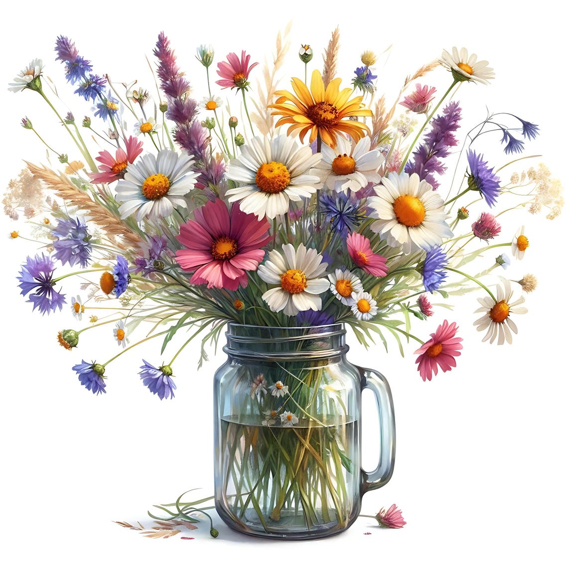 15 JPG Mason Jar Wildflowers Bundle Watercolor Flower Digital Download ...