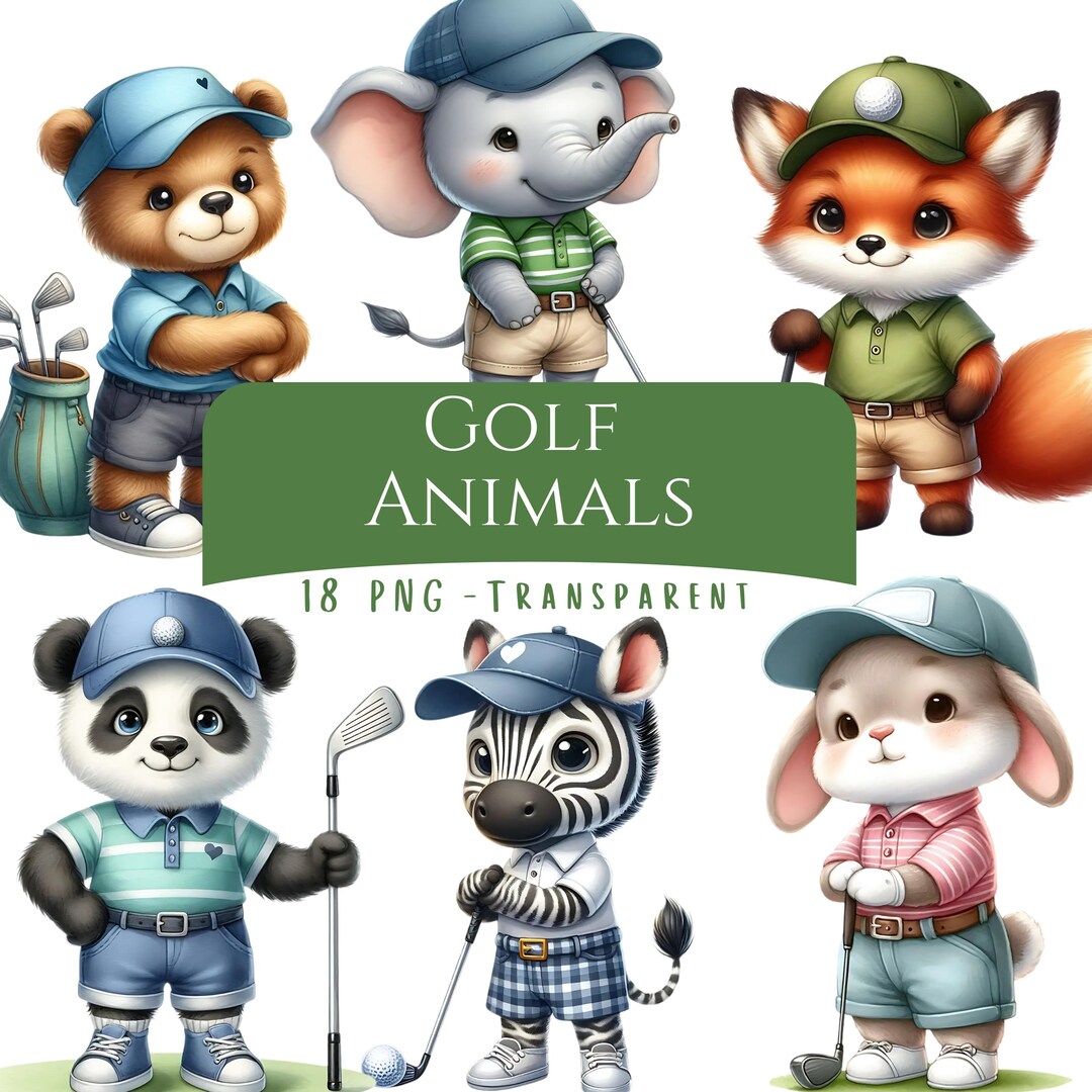 Golf Animals Clipart Bundle 18 PNG High Quality Watercolor Cute Animals ...