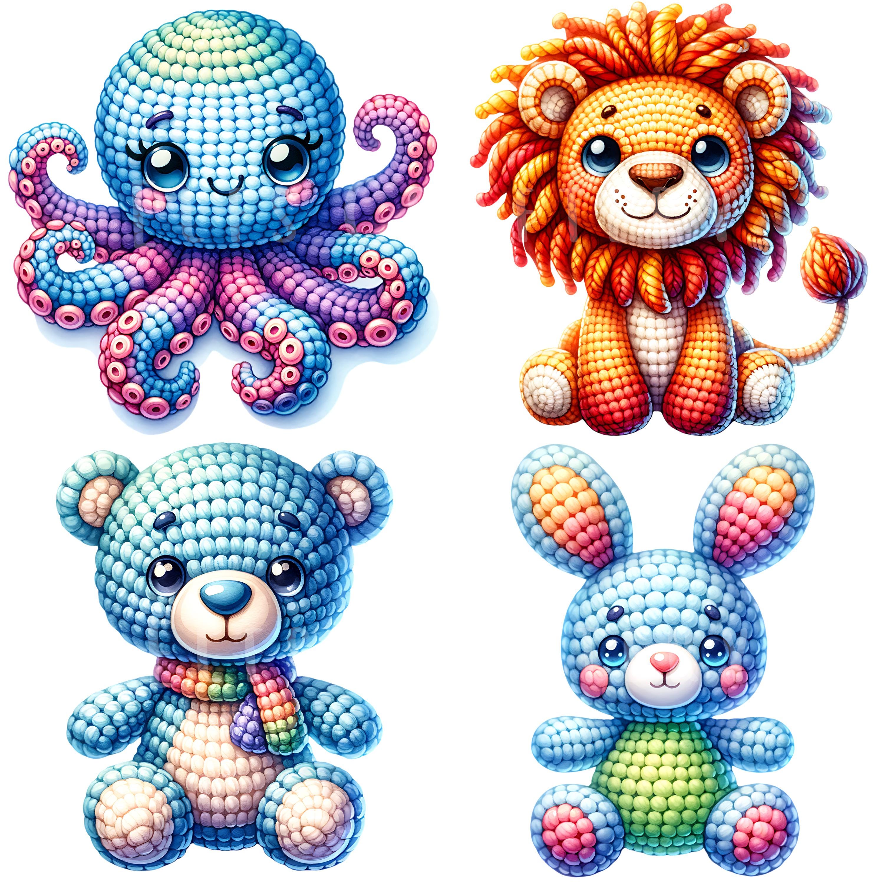 Crochet Animals Clipart Bundle 15 PNG Digital Art Files Cute Kawaii ...