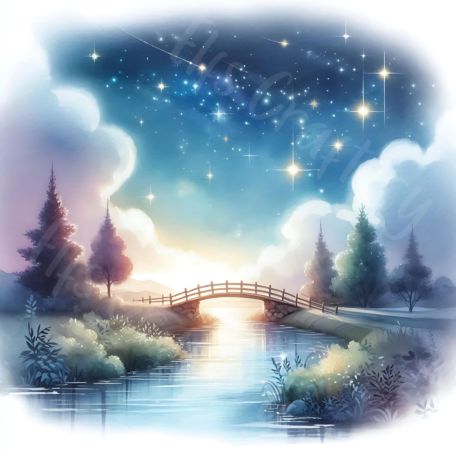 15 JPG Starry Night Bridge Digital Art Bundle Watercolor Painting Style ...