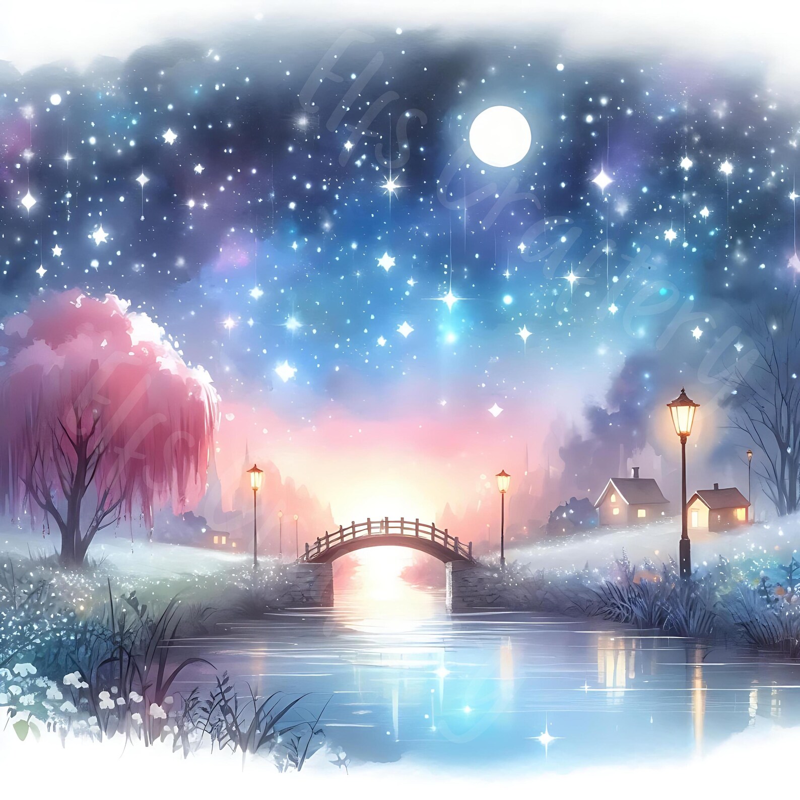 15 JPG Starry Night Bridge Digital Art Bundle Watercolor Painting Style ...