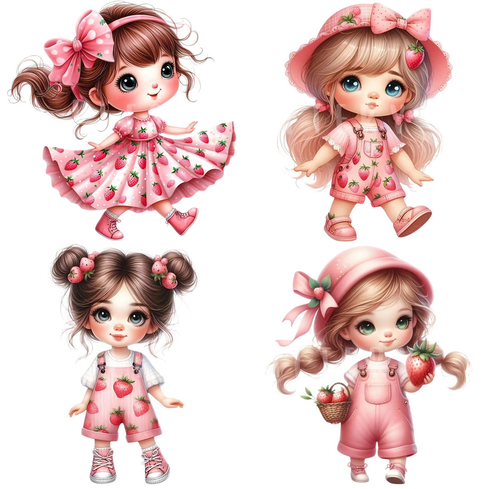 Strawberry Girl Clipart Bundle 15 PNG High Quality Watercolor Cute Girl ...