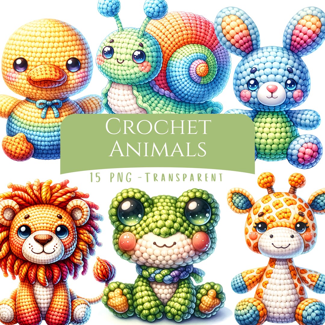 Crochet Animals Clipart Bundle 15 PNG Digital Art Files Cute Kawaii ...