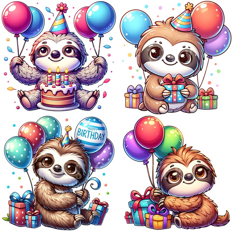 Birthday Sloth Clipart Bundle 15 PNG Cute Birthday Animal Digital Art ...