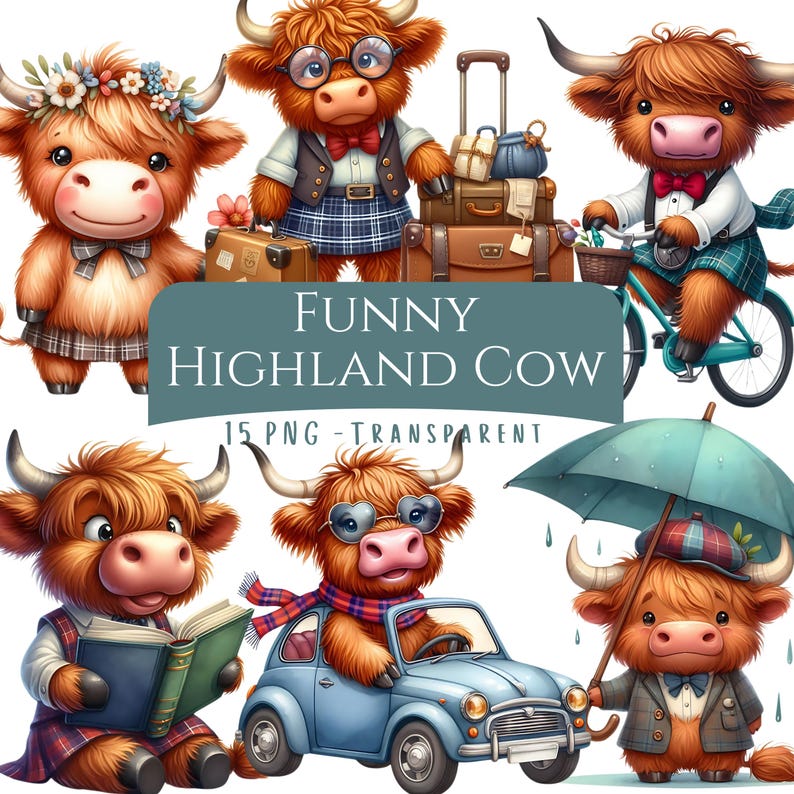 Funny Highland Cow Clipart Bundle 15 PNG Watercolor Cute Quirky Long ...