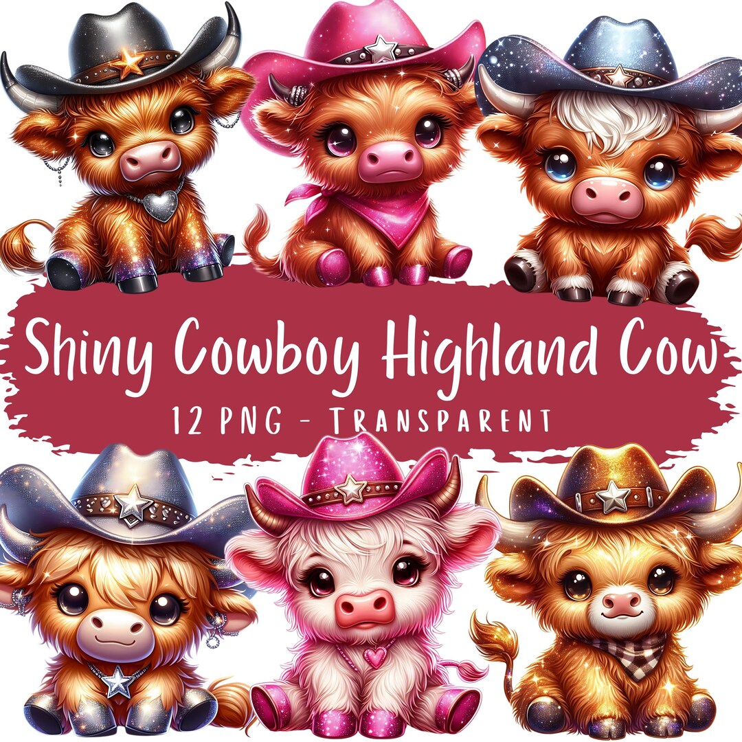 Shiny Cowboy Highland Cow Clipart Bundle 12 PNG High Quality Cartoon ...