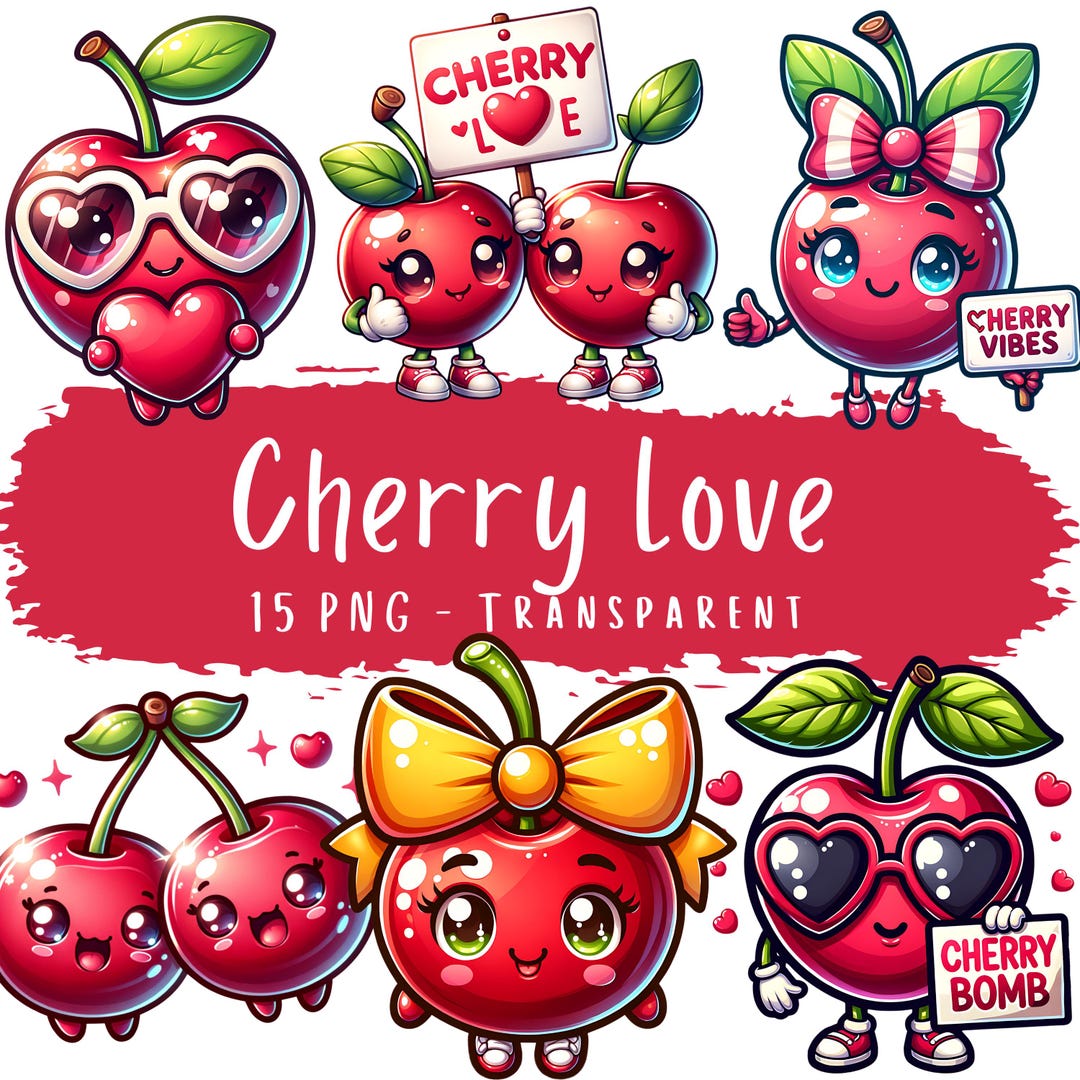 Cherry Love Clipart Bundle 15 PNG Cute Cherry Character Fruit Couple ...