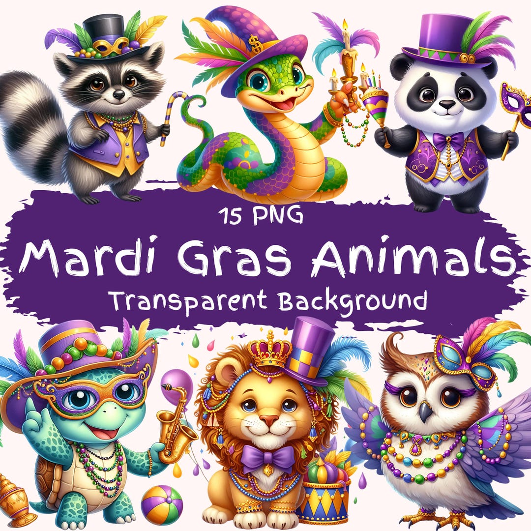 Mardi Gras Animals Clipart Bundle 15 PNG High Quality Watercolor ...