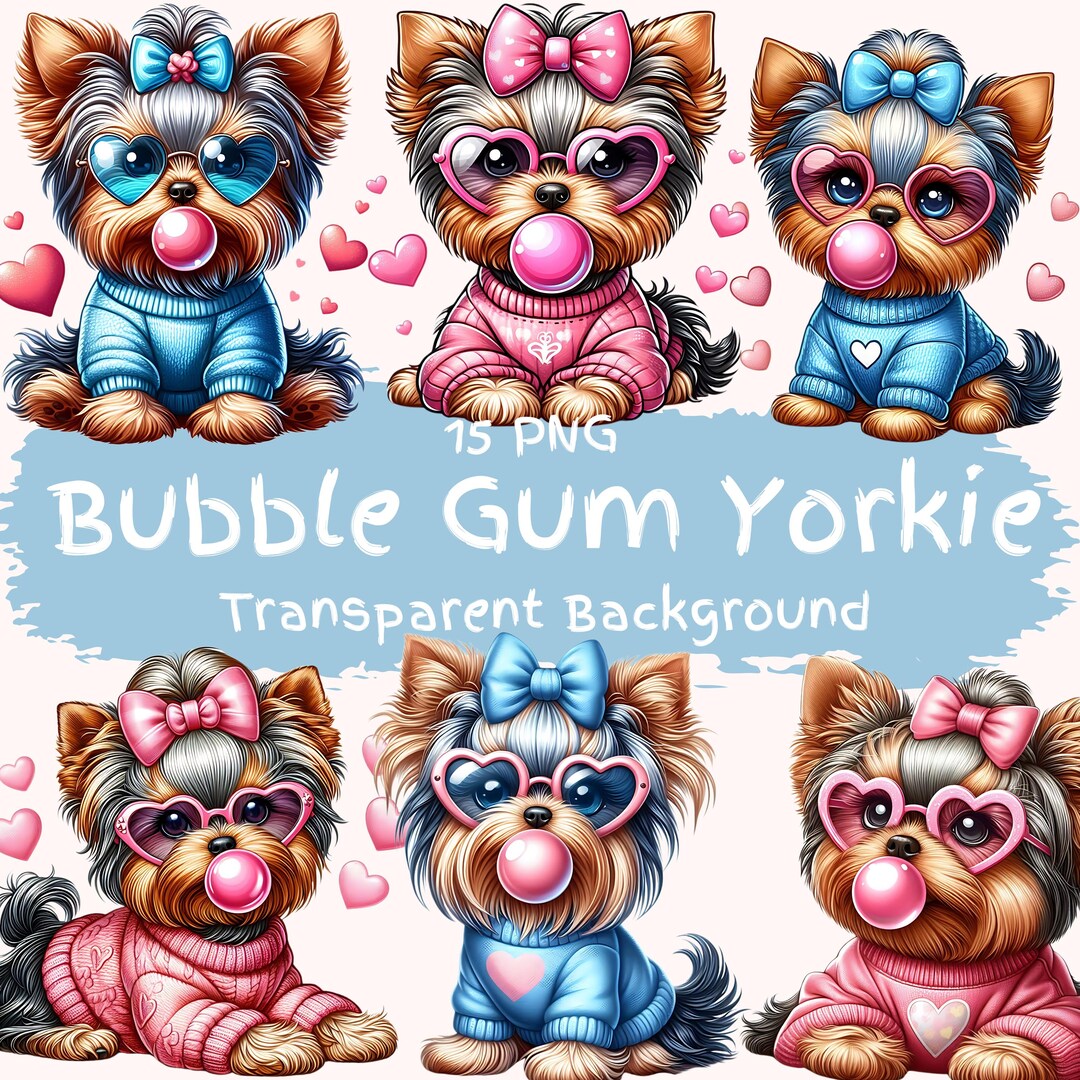 Bubble Gum Yorkie Clipart Bundle 15 PNG Yorkshire Terrier Clip Art Cute Dog Puppy Digital Art ...
