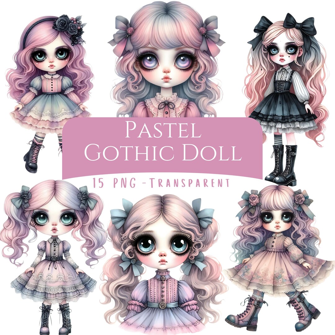 Pastel Gothic Doll Clipart Bundle 15 PNG Goth Doll Girl Paper Crafts ...