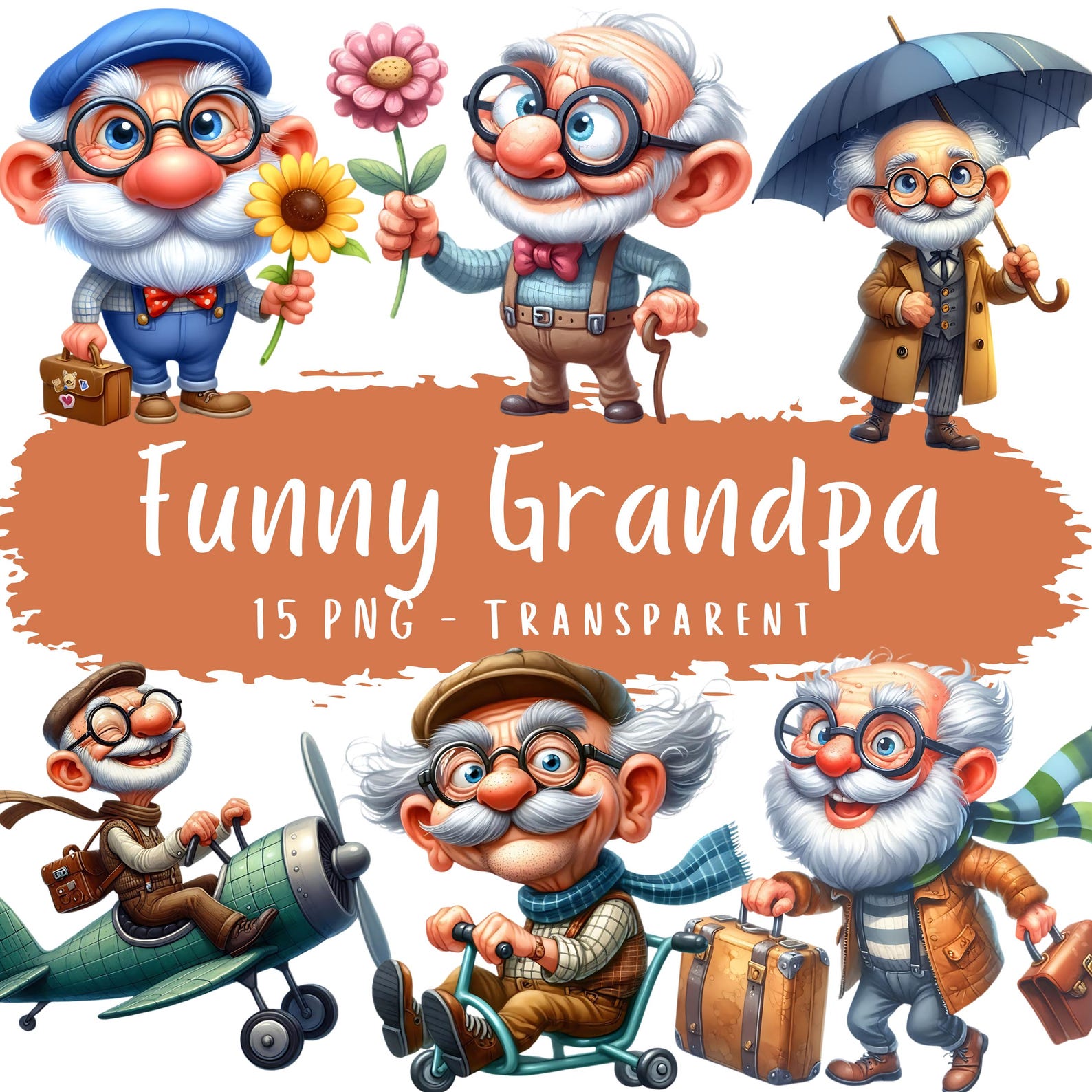 Funny Grandpa Clipart Bundle 15 PNG High Quality Watercolor Cute Quirky ...