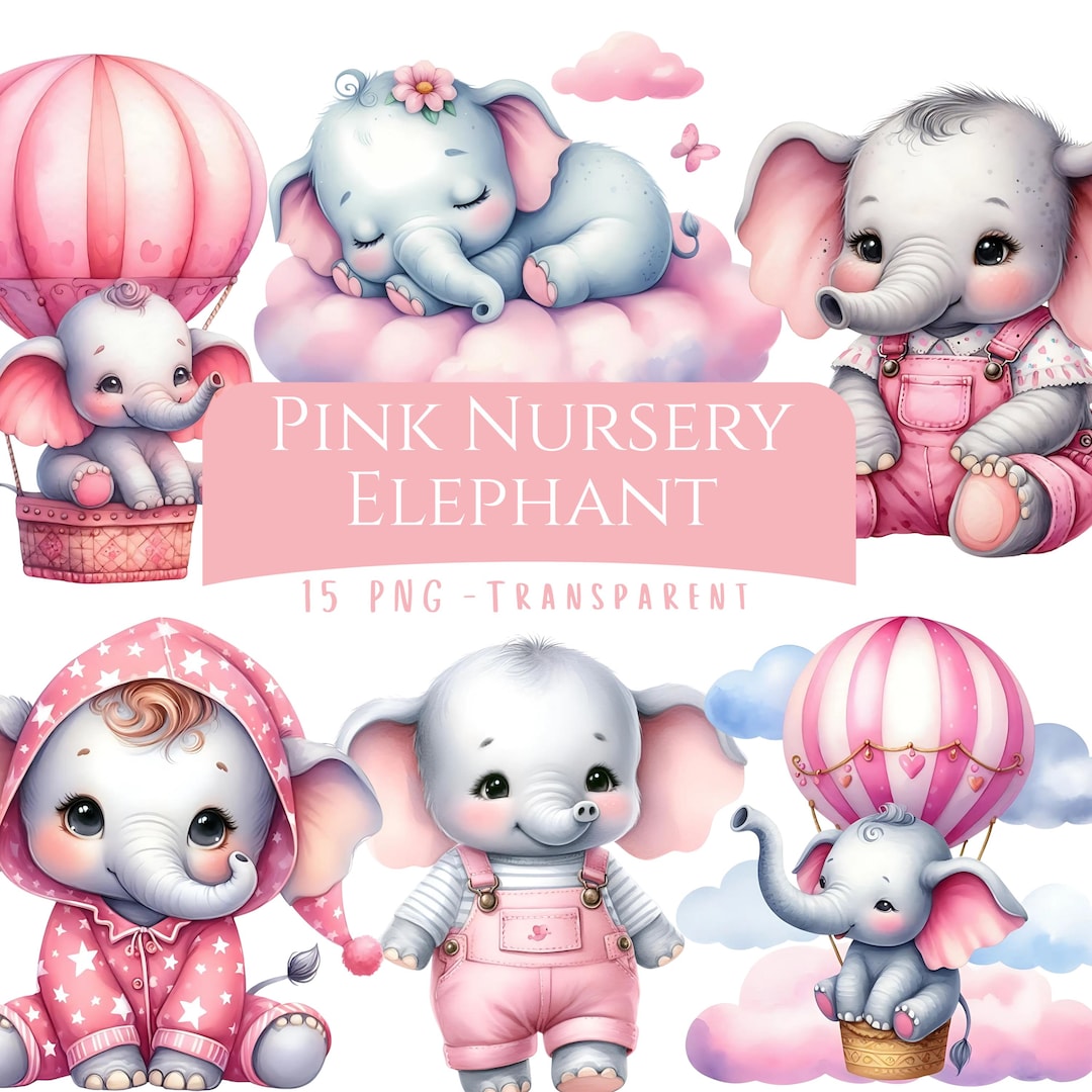 Pink Nursery Elephant Clipart Bundle 15 PNG High Quality Watercolor ...